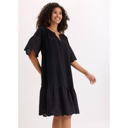 bonprix Tunika-Kleid aus reiner Bio-Baumwolle, schwarz, Gr.48/50 (XL), Tunika-Kleid mit Embroiderie Anglaise S&auml;umen, aus 100% Baumwolle