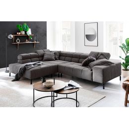 Ecksofa Home Affaire "Ancona New, wahlweise motorische Sitztiefenverstellung, auch in Cord", schwarz (dunkelgrau), B:321cm T:216cm, : 88% Polyester, 12% Polyacryl, Sofas, Ecksofa, feine Steppung, mit Kopfteilverstellung, 3 Zierkissen, L-Form