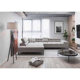 Ecksofa Home Affaire "Ancona New, wahlweise motorische Sitztiefenverstellung, auch in Cord", grau (hellgrau), B:321cm T:216cm, 100% Polyester, Sofas, Ecksofa, feine Steppung, mit Kopfteilverstellung, 3 Zierkissen, L-Form