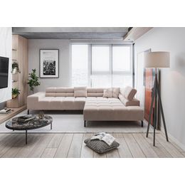 Ecksofa Home Affaire "Ancona New, wahlweise motorische Sitztiefenverstellung, auch in Cord", beige (sand), B:321cm T:216cm, 100% Polyester, Sofas, Ecksofa, feine Steppung, mit Kopfteilverstellung, 3 Zierkissen, L-Form