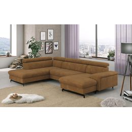Wohnlandschaft COTTA "Emma U-Form, B: 328 cm", braun (cognac), B:328cm H:97cm T:215cm, Sofas, Wohnlandschaft, mit Kopfteilverstellung, optional Bettfunktion & Bettkasten