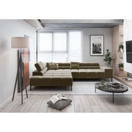 Ecksofa Home Affaire "Ancona New, wahlweise motorische Sitztiefenverstellung, auch in Cord", gr&uuml;n (oliv), B:321cm T:216cm, 100% Polyester, Sofas, Ecksofa, feine Steppung, mit Kopfteilverstellung, 3 Zierkissen, L-Form