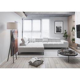 Ecksofa Home Affaire "Ancona New, wahlweise motorische Sitztiefenverstellung, auch in Cord", silber, B:321cm T:216cm, 100% Polyester, Sofas, Ecksofa, feine Steppung, mit Kopfteilverstellung, 3 Zierkissen, L-Form
