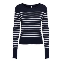 Strickpullover Only CARMAKOMA "CARVIVIA LIFE LS BUTTON DETAIL O-NECK", Damen, Gr. S, navy blazer stripes:hellwei&szlig;, gold button, Strick, Obermaterial: 82% Viskose, 16% Nylon, 2% Elasthan, gestreift, regular fit normal, Rundhals, Rippb&uuml;ndchen, Pullover Strickpullover