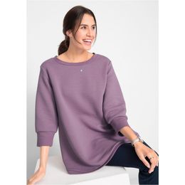 Sweatshirt bonprix, Damen, Gr. 44/46 (L), lila (mattlavendel), Sweatware, Obermaterial: 75% Polyester, 25% Viskose. B&uuml;ndchen: 58% Polyester, 32% Baumwolle, 10% Elasthan, gemustert, unifarben, bequem ca. Mitte Oberschenkel, Rundhals, weit Rippb&uuml;ndchen, Sweatshirts Sweatshirt, langer Schnitt, mit U-Bootausschnitt, mit Ballon&auml;rmeln