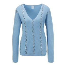 Madeleine Mode Longpullover MADELEINE "Pullover Oversize-Pullover mit aufw&auml;ndiger Dekoration", Damen, Gr. 36/38, braun (caramel), Obermaterial: 90% Schurwolle WV. 10% Kaschmir WS., Modern, V-Ausschnitt, Pullover Longpullover
