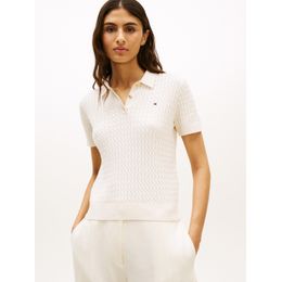 Poloshirt Tommy Hilfiger "CO CABLE POLO-NK SS SWEATER", Damen, Gr. M (40), heather ivory petal, Single Jersey, Obermaterial: 100% Baumwolle, meliert, regular fit, Rundhals, Shirts, mit Zopfmuster