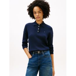 Strickpullover Tommy Hilfiger "CO CABLE FINE GG RLXD POLO SWT", Damen, Gr. XS (34), schwarz night navy, Strick, Obermaterial: 100% Baumwolle, unifarben, relaxed fit, Pullover Strickpullover, mit Zopfmuster