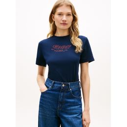 Kurzarmshirt Tommy Hilfiger "TILT GRAPHIC REG C-NK SS TEE", Damen, Gr. XL (46), schwarz night navy, Single Jersey, Obermaterial: 100% Baumwolle, bedruckt, unifarben, normal, Rundhals, Shirts, mit gro&szlig;em Logo-Print