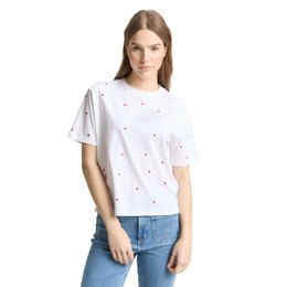 T-Shirt Tom Tailor Denim, Damen, Gr. L, wei&szlig; rot heart embroidery, Jersey, Obermaterial: 100% Baumwolle, bedruckt, regular fit normal, Rundhals, gerader Abschluss, Shirts T-Shirt, mit All-Over Print