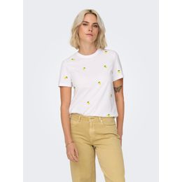 Kurzarmshirt Only "ONLKETTY LIFE S/S O-NECK TOP JRS NOOS", Damen, Gr. S, wei&szlig; (hellwei&szlig; aop:lemon), Jersey, Obermaterial: 100% Baumwolle, bedruckt, regular fit normal, Rundhals, Shirts