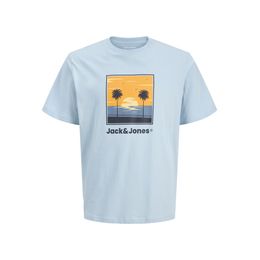 Jack & Jones T-Shirt JACK & JONES JUNIOR "JJPERRY TEE SS CREW NECK JNR", Jungen, Gr. 152, celestial blau, Single Jersey, Obermaterial: 100% Baumwolle, bedruckt, unifarben mit Farbeinsatz, regular fit normal, Rundhals, Shirts T-Shirt, mit Logoprint