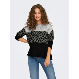 Rundhalspullover Only "ONLJADE ANIMAL LS O-NECK NOOS KNT", Damen, Gr. XS, grau (light grau melange pattern:with mgm, schwarz), Strick, Obermaterial: 81% Polyacryl, 19% Polyester, gemustert, meliert, regular fit normal, Rundhals, Rippstrickb&uuml;ndchen, Pullover Rundhalspullover, Kunstfaser, regular fit