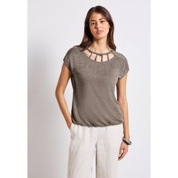T-Shirt Street One, Damen, Gr. 36, beige (schwarz tumbled beige), Stoff, 80% Polyester, 20% Viskose, unifarben, normal normal, V-Ausschnitt, abgesteppt, Shirts T-Shirt, aus elastischem Materialmix