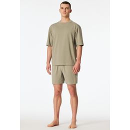 Shorty Schiesser "Modern Nightwear", Herren, Gr. 50, 713, gr&uuml;n, Single Jersey, Obermaterial: 73% Baumwolle, 27% Polyester, bequem kurz, Rundhals, Homewear-Sets Shorty, mit Rundhalsausschnitt und kurzem Arm, leichter Oversize-Fit