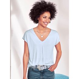 Kurzarmshirt Heine "Shirt", Damen, Gr. 42, blau (eisblau), 100% Viskose, unifarben, V-Ausschnitt, Shirts