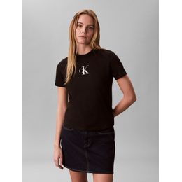T-Shirt Calvin Klein Jeans, Damen, Gr. L (42), schwarz, Single Jersey, Obermaterial: 100% Baumwolle, unifarben, regular fit normal, Rundhals, eingesetzt abgesteppte Kante, Shirts T-Shirt, Regular Fit, gl&auml;nzender Logodruck, Rundhalsausschnitt