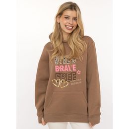 Hoodie Zwillingsherz "Wild Brave Free", Damen, Gr. L/XL, mittelbraun, Sweatware, Obermaterial: 50% Baumwolle, 50% Polyester, bedruckt, bestickt, unifarben, bequem h&uuml;ftbedeckend, ohne Ausschnitt, angesetztes B&uuml;ndchen, Sweatshirts Hoodie, gestickter Schriftzug, mit Pailletten, Leomuster, Fronttasche, Kapuze