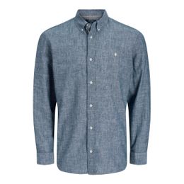 Jack & Jones Langarmhemd JACK & JONES "JPRBLUSUMMER LINEN BLEND SHIELD LS SHIRT", Herren, Gr. L, N-Gr, faded denim fit:regular fit, Web, Obermaterial: 70% Baumwolle, 30% Leinen, unifarben, regular fit normal, Hemden