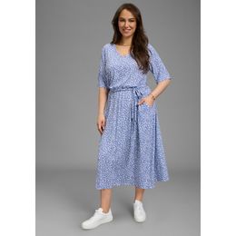 Midikleid LAURA SCOTT CURVE, Damen, Gr. 58, N-Gr, blau, millefleur, Single Jersey, Obermaterial: 95% Viskose, 5% Elasthan, gebl&uuml;mt, figurumspielend kn&ouml;chelfrei, V-Ausschnitt, Kleider Midikleid, in gebl&uuml;mter Optik