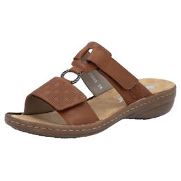 Pantolette Rieker, Damen, Gr. 38, braun (cognac), Lederimitat, unifarben, Schuhe Pantolette, Sommerschuh, Strandschuh, Klettschuh mit Perforation