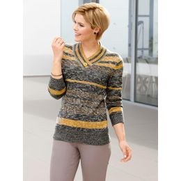 V-Ausschnitt-Pullover Casual Looks "Pullover", Damen, Gr. 42, gelb (curry, anthrazit, geringelt), 100% Polyacryl, gemustert, mehrfarbig, meliert, figurumspielend, Pullover