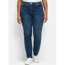 Stretch-Jeans sheego, Damen, Gr. 104, Langgr&ouml;&szlig;en, blau (dunkelblau denim), 96% Baumwolle, 4% Elasthan, unifarben, lang, Jeans
