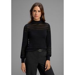 Stehkragenpullover Melrose, Damen, Gr. 36, schwarz, Feinstrick, Obermaterial: 74% Viskose, 26% Polyamid, Mesh, gestreift, leicht transparent, sehr figurbetont h&uuml;ftbedeckend, hoch geschlossener Ausschnitt, Rippstrickb&uuml;ndchen, Pullover Stehkragenpullover, mit transparenten Streifen und Ballon&auml;rmeln, Topseller