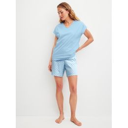 Shorty Calida "Lovely Nights", Damen, Gr. L (48/50), cascade blau, Single Jersey, Obermaterial: 100% Baumwolle, bequem kurz, V-Ausschnitt, Homewear-Sets Shorty, mit V-Ausschnitt und kurzen &Auml;rmeln, weiche Single-Jersey Qualit&auml;t