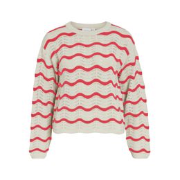 Strickpullover Vila "VIWAVE O-NECK LS POINTELLE KNIT TOP-NOOS", Damen, Gr. L, birch stripes:hibiscus, Strick, Obermaterial: 100% Baumwolle, gestreift, relaxed fit normal, Rundhals, Rippb&uuml;ndchen, Pullover Strickpullover