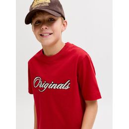 Jack & Jones T-Shirt JACK & JONES JUNIOR "JORNANTUCKET EMB TEE SS CREW NECK JNR", Jungen, Gr. 128, samba, Single Jersey, Obermaterial: 100% Baumwolle, bedruckt, loose fit normal, Rundhals, Shirts T-Shirt