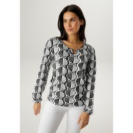 Langarmshirt Aniston SELECTED, Damen, Gr. 36, schwarz-wei&szlig; (schwarz, wei&szlig;), Single Jersey, Obermaterial: 95% Viskose, 5% Elasthan, bedruckt, gemustert, figurumspielend h&uuml;ftbedeckend, Rundhals, elastischer Bund mit Gummizug, Shirts Langarmshirt, mit Cut-out und trendigen Grafikdruck - NEUE KOLLEKTION