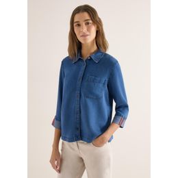 Langarmbluse Cecil, Damen, Gr. L (42), mid blau wash, Stoff, 100% Lyocell, unifarben, klassisch normal, V-Ausschnitt, B&uuml;ndchen, Blusen, in Blusen-Optik