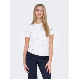 Kurzarmshirt Only "ONLKETTY LIFE S/S O-NECK TOP JRS NOOS", Damen, Gr. S, wei&szlig; (hellwei&szlig; aop:true blau flowers), Jersey, Obermaterial: 100% Baumwolle, bedruckt, regular fit normal, Rundhals, Shirts