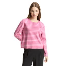 T-Shirt Tom Tailor Denim, Damen, Gr. M, pink wei&szlig; stripe, Web, Obermaterial: 100% Baumwolle, gestreift, regular fit normal, Rundhals, gerader Abschluss, Shirts T-Shirt, mit Streifen Muster