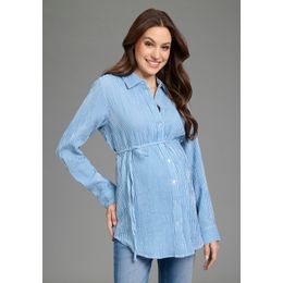 Umstandsshirt Neun Monate "Umstands-Bluse, Streifenbluse", Damen, Gr. 42, blau gestreift, Web, Obermaterial: 100% Baumwolle, gestreift, Po-bedeckend, 2-Knopf-Manschette, Shirts Umstandsshirt, mit Blusenkragen, mit Bindeb&auml;ndern, mit Knopfleiste, lang&auml;rmlig