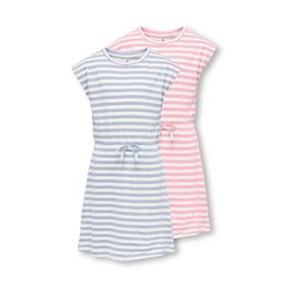 Jerseykleid KIDS Only "KOGMAY LIFE S/S DRESS JRS 2-PACK", M&auml;dchen, Gr. 146/152, N-Gr, romance rose pack:soft chambray, cloud dancer stripe, Jersey, Obermaterial: 100% Baumwolle, geringelt, gestreift, Basic, Rundhals, Kleider Jerseykleid, im sommerlichen Streifen-Look und mit Bindeband in der Taille