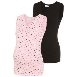 Umstandsshirt Neun Monate "2er Pack Umstands-Tops", Damen, Gr. 44/46, gepunktet, schwarz, Jersey, Obermaterial: 95% Baumwolle, 5% Elasthan, bedruckt, gepunktet, eng h&uuml;ftbedeckend, tiefer V-Ausschnitt, Shirts Umstandsshirt, eng anliegende Passform, tiefer V-Ausschnitt mit Wickeloptik