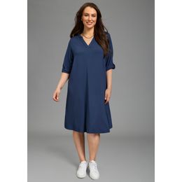 Jerseykleid LAURA SCOTT CURVE, Damen, Gr. 44, N-Gr, navy, Single Jersey, Obermaterial: 95% Viskose, 5% Elasthan, unifarben, A-Linie kniefrei, Rundhals, krempelbar, Kleider Jerseykleid, kniefrei, 3/4-&Auml;rmel mit krempelbarem Abschluss