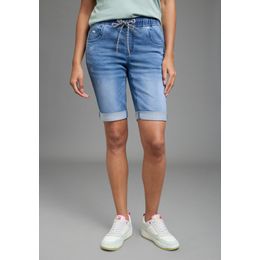 Jogg-Jeansbermudas Kangaroos, Damen, Gr. 44, N-Gr, light blau used, Denim/Jeans, Obermaterial: 59% Baumwolle, 40% Polyester, 1% Elasthan, unifarben, Basic, bequem kniefrei, Jeans Jogg-Jeansbermudas, gerade geschnittenes Bein, elastischer Tunnelzugbund
