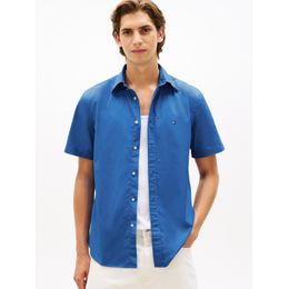 Kurzarmhemd Tommy Hilfiger "FLEX POPLIN SOLID", Herren, Gr. L (52), N-Gr, blau orbit, Web, Obermaterial: 100% Baumwolle, unifarben, regular fit normal, Rundhals, eingesetzt abgesteppte Kante, Hemden, Regular fit mit Button-Down-Kragen