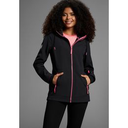 Softshelljacke OCEAN SPORTSWEAR "aus recyceltem Polyester", Damen, Gr. 38, schwarz, Softshell, Obermaterial: 96% Polyester, 4% Elasthan. Innenseite: 100% Polyester. Kapuzenfutter: 65% Baumwolle, 35% Polyester, kontrastfarbene Details, unifarben mit Farbeinsatz, h&uuml;ftbedeckend, hoch geschlossener Ausschnitt, Rippb&uuml;ndchen, Jacken Softshelljacke, atmungsaktiv, wasserabweisend, windabweisend, &Uuml;bergangs