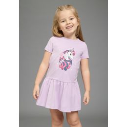 Jerseykleid Kidsworld "mit Einhorn", M&auml;dchen, Gr. 128/134, N-Gr, flieder, Jersey, Obermaterial: 95% Baumwolle, 5% Elasthan, bedruckt, ausgestellt kniefrei, Rundhals, abgesteppte Kante, Kleider Jerseykleid, aus Baumwolle und Elasthan, kurz&auml;rmelig