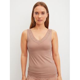 Tanktop Calida "Natural Comfort Lace", Damen, Gr. L (48/50), timeless taupe, Single Jersey, Obermaterial: 92% Baumwolle, 8% Elasthan, normal h&uuml;ftbedeckend, V-Ausschnitt, Tops Tanktop, elastisch, V-Ausschnitt, weiche Spitze, breite Tr&auml;ger