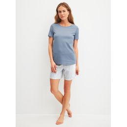 Shorty Calida "Striped Dreams", Damen, Gr. L (48/50), aura blau, Interlock, Obermaterial: 100% Baumwolle, Basic kurz, Rundhals, Homewear-Sets Shorty, weich, Pure Cotton, Kurzarm, Rundhals, Interlock-Qualit&auml;t