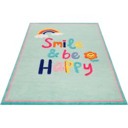 Kinderteppich Smart Kids "Happy me" Gr. 3, blau, B:120cm H:9mm L:170cm, Kunstfaser, Teppiche, Kinderteppich, Regenbogen Blume, Konturenschnitt