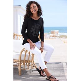 Rundhalsshirt Lascana, Damen, Gr. 32/34, blau (schwarz), Slub, Obermaterial: 100% Viskose, bedruckt, gl&auml;nzend, figurumspielend h&uuml;ftlang, Rundhals, Shirts Rundhalsshirt, mit gl&auml;nzendem Print