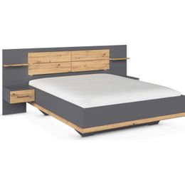 Bettanlage Rauch "Bett Doppelbett Komfortbett Funktionsbett BOSTON-EXTRA", graumetallic, eiche artisan, B:245cm H:107cm T:207cm, Holzwerkstoff, Schlafzimmerm&ouml;bel-Sets, Bettanlage, Mit warmer Kopfteil-Beleuchtung, 2x H&auml;nge-Nachttische MADE IN GERMANY