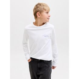 Jack & Jones Langarmshirt JACK & JONES JUNIOR "JJCOLLEGE LOGO TEE LS CREW NECK JNR", Jungen, Gr. 128, hellwei&szlig;, Single Jersey, Obermaterial: 100% Baumwolle, bedruckt, unifarben, regular fit normal, Rundhals, Shirts Langarmshirt, mit Logoprint