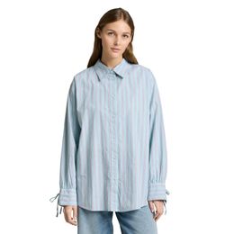 Klassische Bluse Tom Tailor Denim, Damen, Gr. XL, blau wei&szlig; braun stripe, Web, Obermaterial: 100% Baumwolle, gestreift, oversize normal, ohne Ausschnitt, Manschette, Blusen Bluse, mit Streifen Muster
